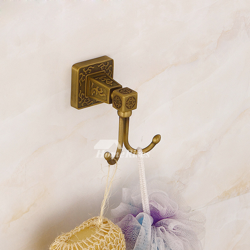 Double Robe Hook Carved Antique Brass Wall Mount