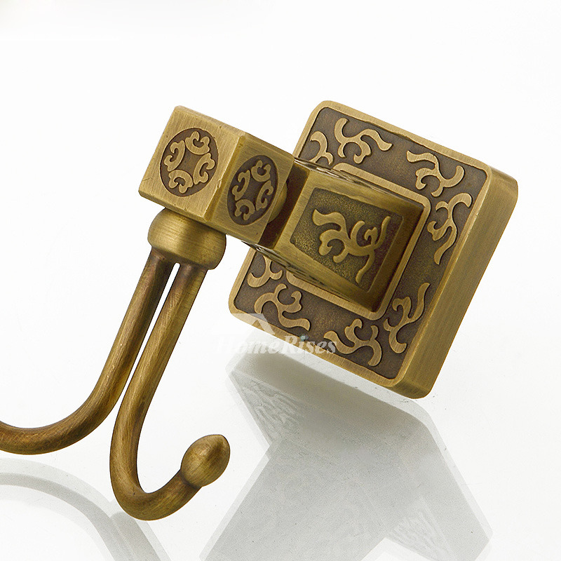 Double Robe Hook Carved Antique Brass Wall Mount