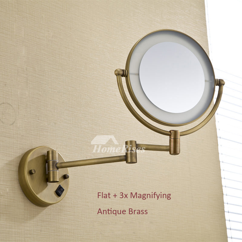 Wall Mount Double Sided Makeup Mirror LED 3X Brass