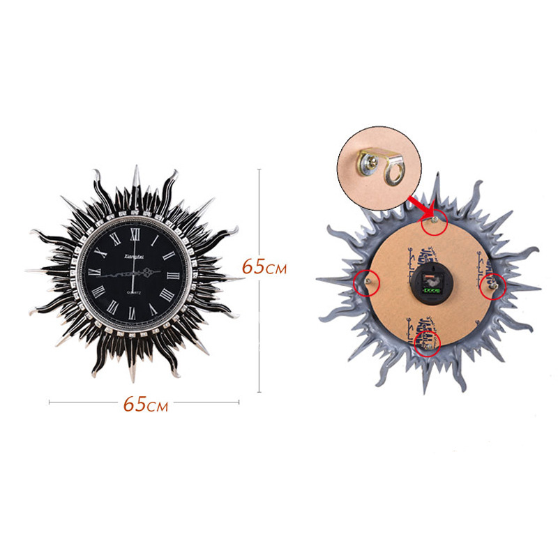 Art Deco Wall Clock Sun Round Cool Resin Silent Bedroom Unique