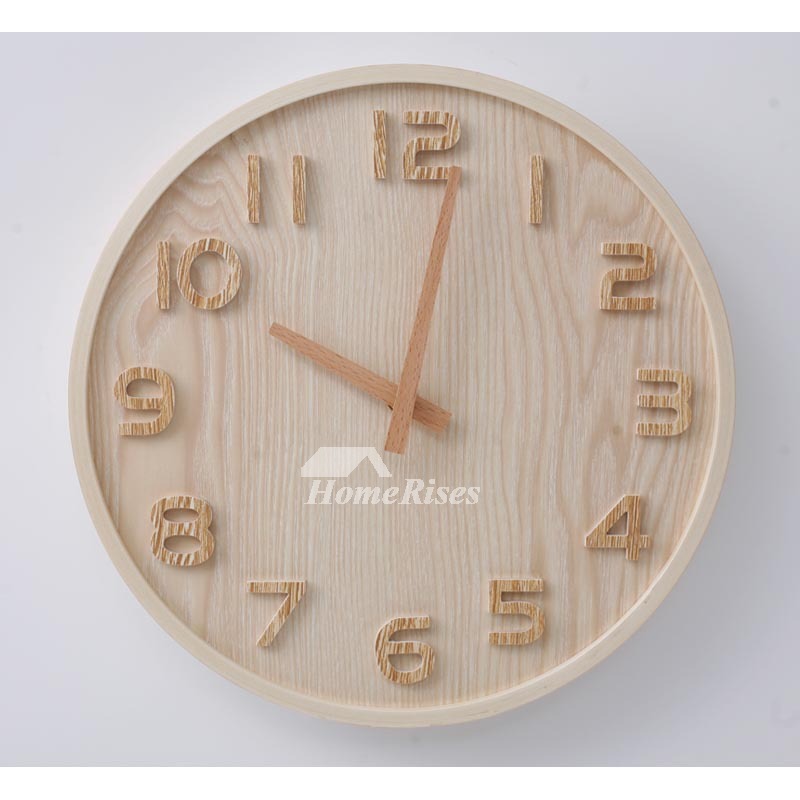 Round Wall Clock Wooden 12/14 Inch Diameter Hanging Silent White/Natural