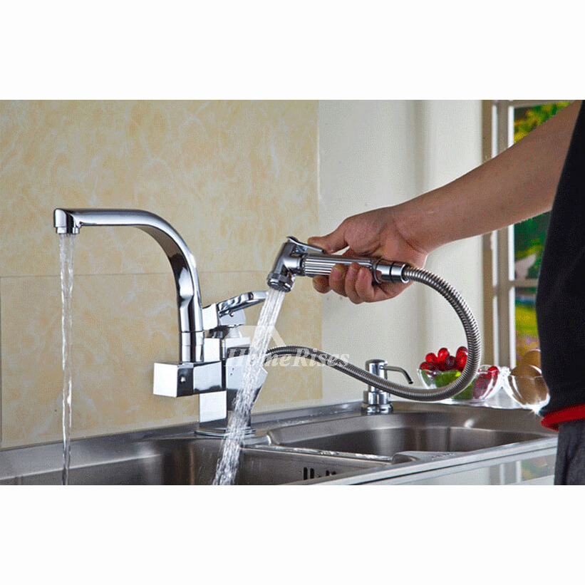 Kitchen Faucet With Sprayer Pull Out Silver Chrome Rotatable Brass