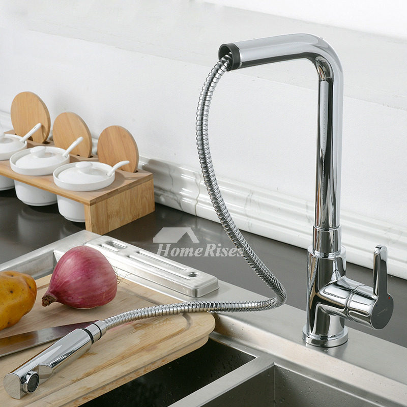 Kitchen Faucet With Pull Out Sprayer Brass Chrome Square Silver