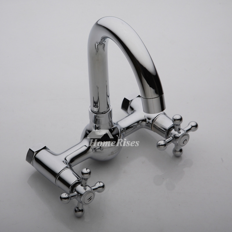 Cross Handle Kitchen Faucet Wall Mount Rotatable Silver Chrome