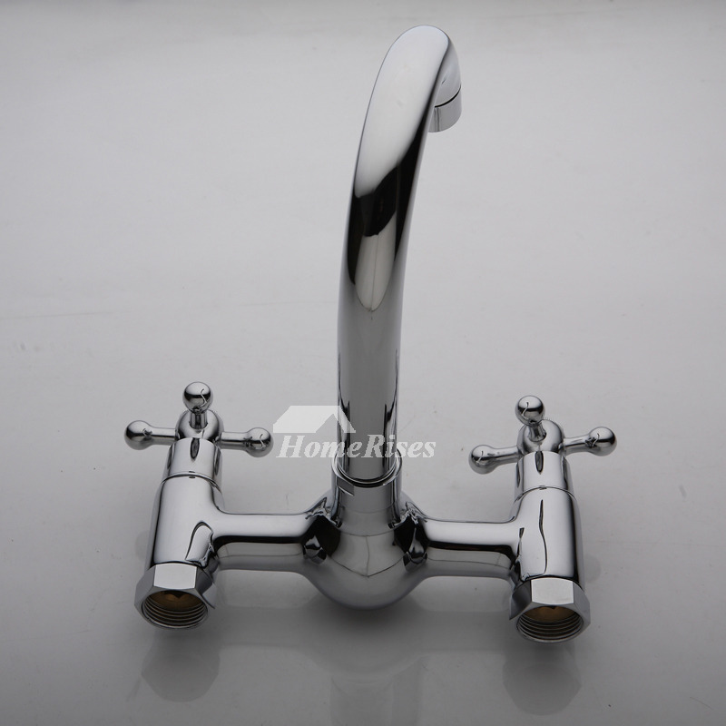 Cross Handle Kitchen Faucet Wall Mount Rotatable Silver Chrome