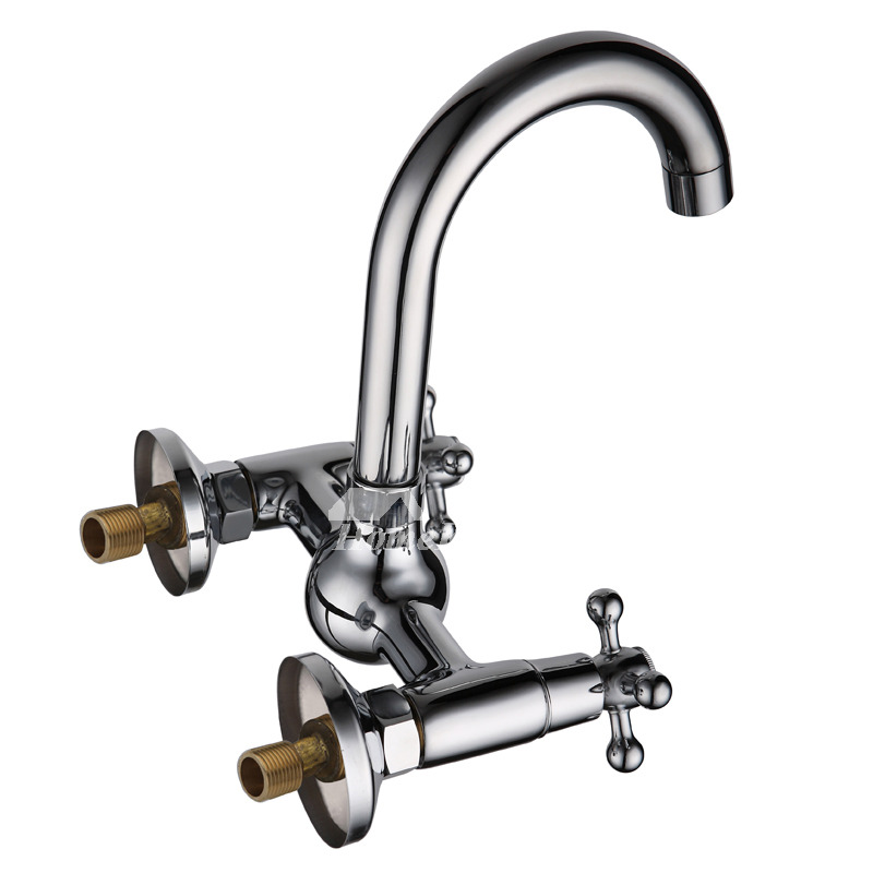 Cross Handle Kitchen Faucet Wall Mount Rotatable Silver Chrome