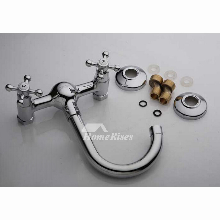 Cross Handle Kitchen Faucet Wall Mount Rotatable Silver Chrome