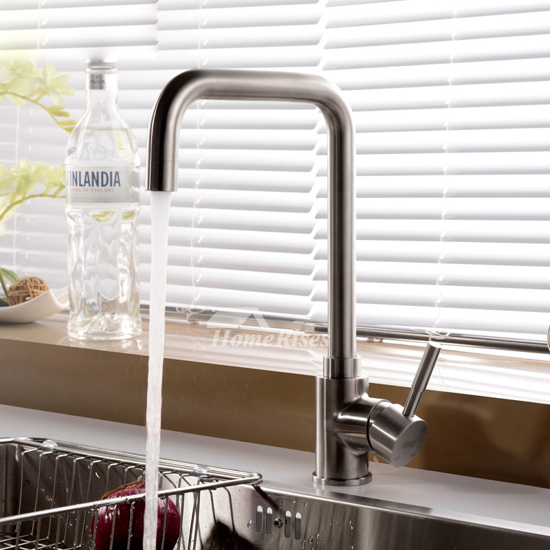 Square Kitchen Faucet Brushed Silver Stainless Steel Single Hole