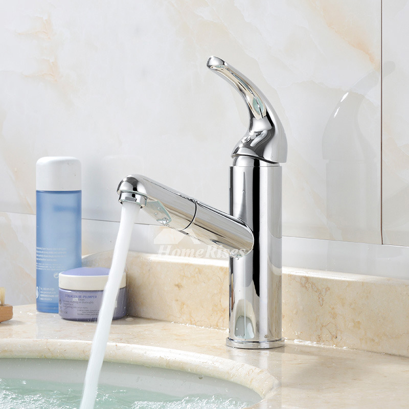 Silver Bathroom Faucets Chrome Brass Single Handle Pull Out