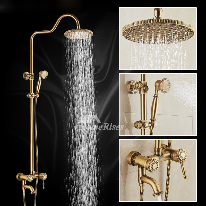 Gold Shower Faucet Wall Mount Antique Brass Carved Single Handle