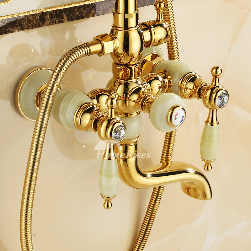 2 Handle Shower Faucet Polished Brass Gold Wall Mount Rain Shower