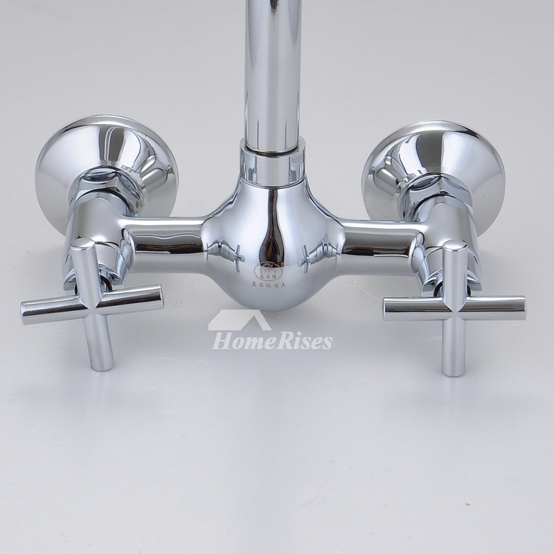 Kitchen Wall Faucet Cross Handle Silver Brass Gooseneck 2 Hole