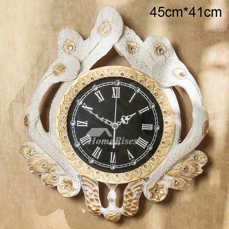 Classic Wall Clock 16 Inch Peacock Resin Living Room Large Decorative
