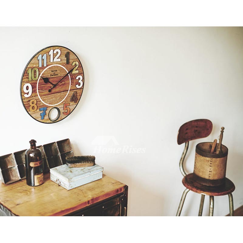 Wooden Wall Clock Colorful Round 14 Inch Decorative Kitchen Pendulum