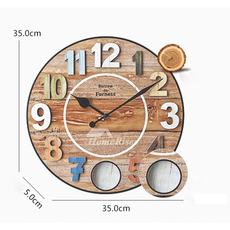 Wooden Wall Clock Colorful Round 14 Inch Decorative Kitchen Pendulum