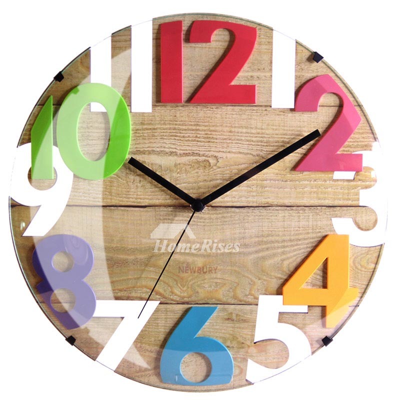 Wooden Wall Clock Colorful Round 14 Inch Decorative Kitchen Pendulum