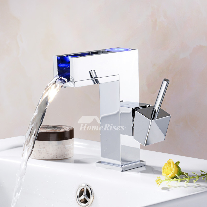 Designer Led Waterfall Bathroom Faucet Square Unique Brass Silver