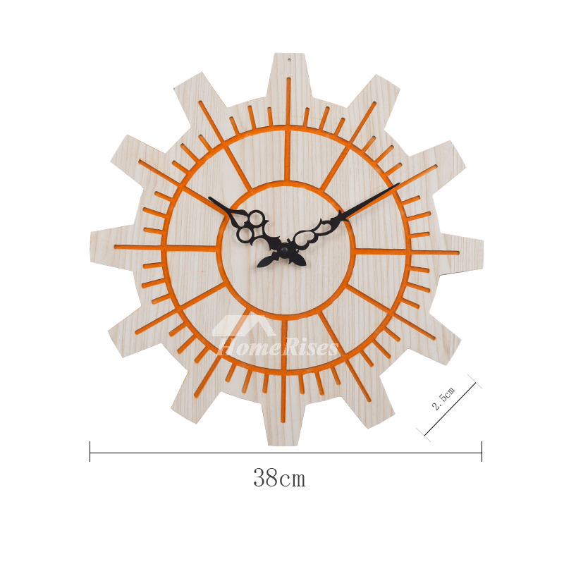 Gear Wooden Orange Wall Clock 15 Inch Big Green Cheap Rustic Kitchen
