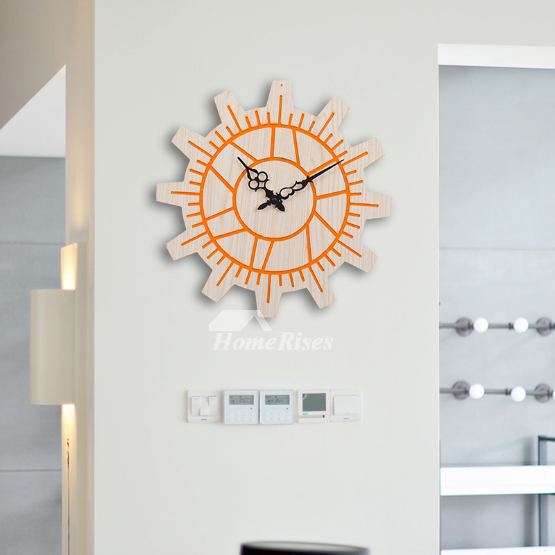 Gear Wooden Orange Wall Clock 15 Inch Big Green Cheap Rustic Kitchen