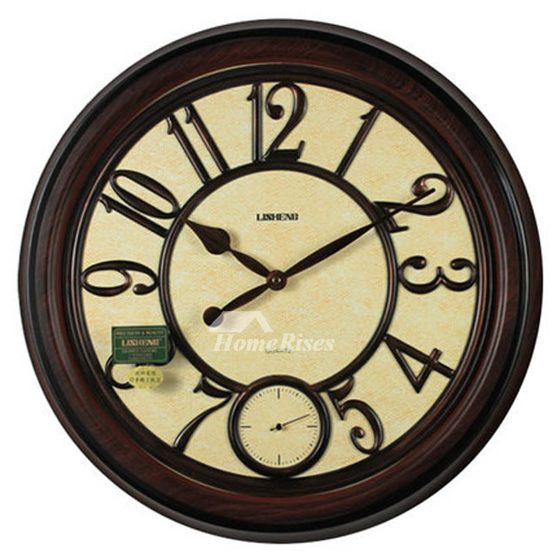 Oversized Wall Clock 20 Inch Antique Plastic Glass Round Brown/Beige