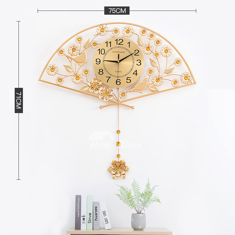 Decorative Wall Clocks Gold/Red Fan Shaped 26/30 Inch Oversized Metal