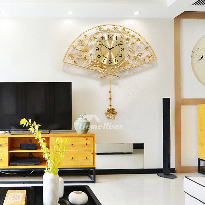 Decorative Wall Clocks Gold/Red Fan Shaped 26/30 Inch Oversized Metal