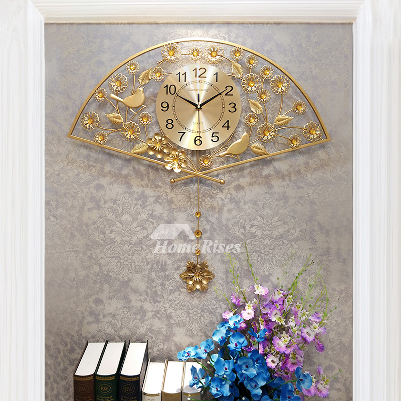 Decorative Wall Clocks Gold/Red Fan Shaped 26/30 Inch Oversized Metal