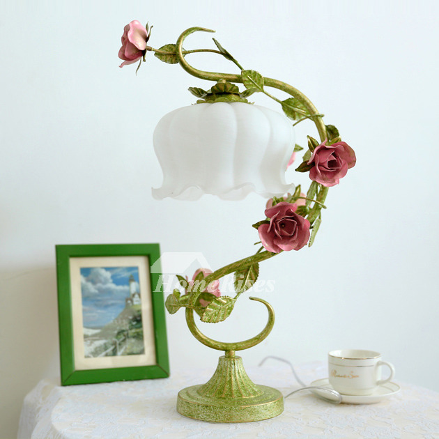 Beautiful Bedroom Lamps Flower Girls Glass Shade Wrought Iron Green
