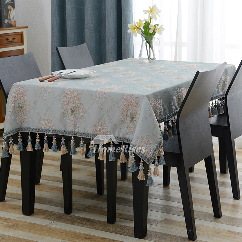 Oblong Tablecloth Blue Jacquard 70 Inch Polyester Modern Dining