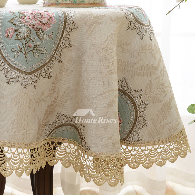Cream Tablecloth Blue Round Polyester 70 Inch Jacquard For Less