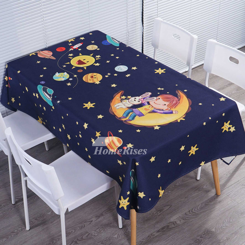 Decorative Oblong Tablecloth Cotton/Linen Navy/Yellow Kids Cute