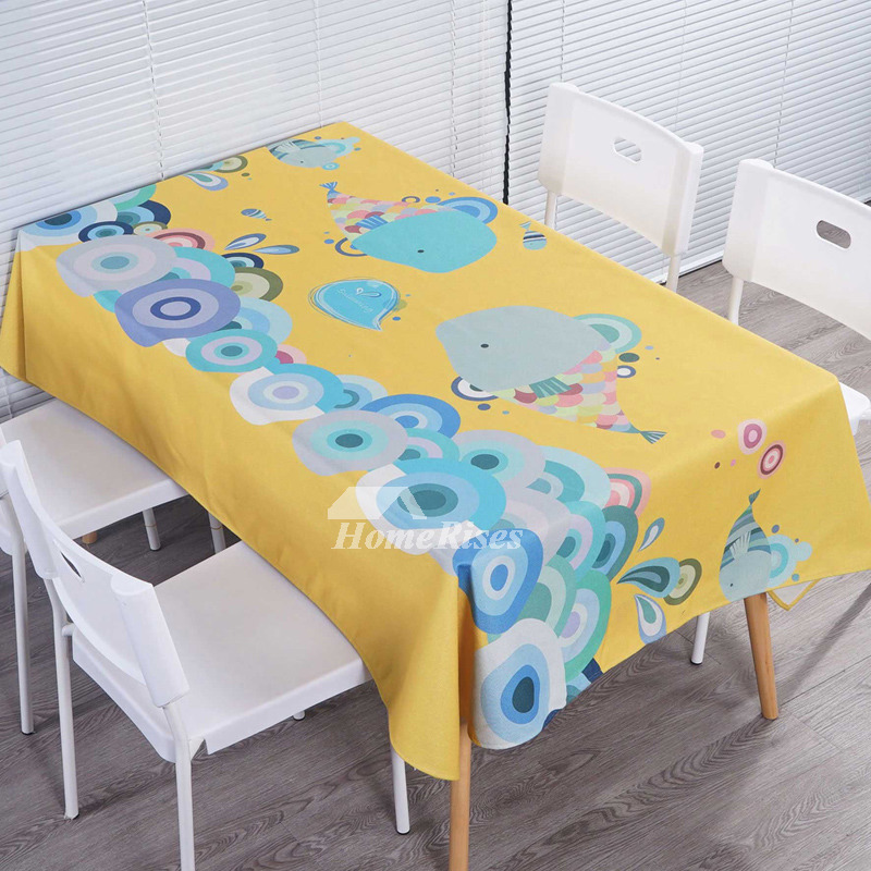 Decorative Oblong Tablecloth Cotton/Linen Navy/Yellow Kids Cute