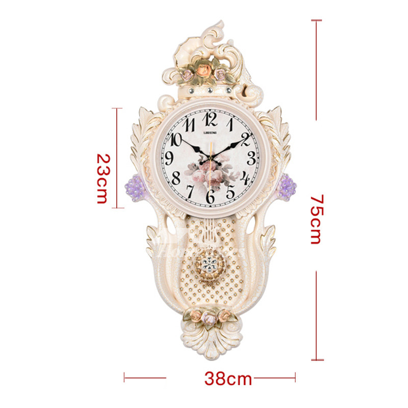 Large Wall Clocks Decorative Floral Silver/White Silent Pendulum Country