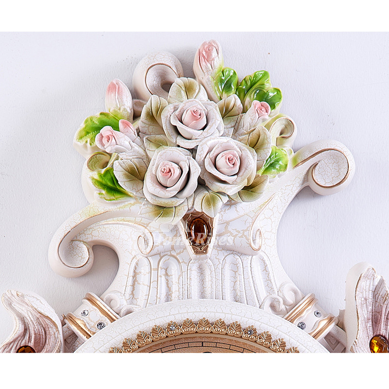 Large Wall Clocks Decorative Floral Silver/White Silent Pendulum Country