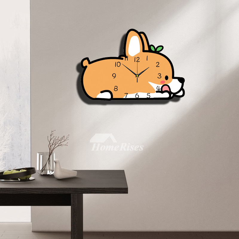 Animal Wall Clock Cute Decorative Funny Dog Kids Wooden Silent Yellow