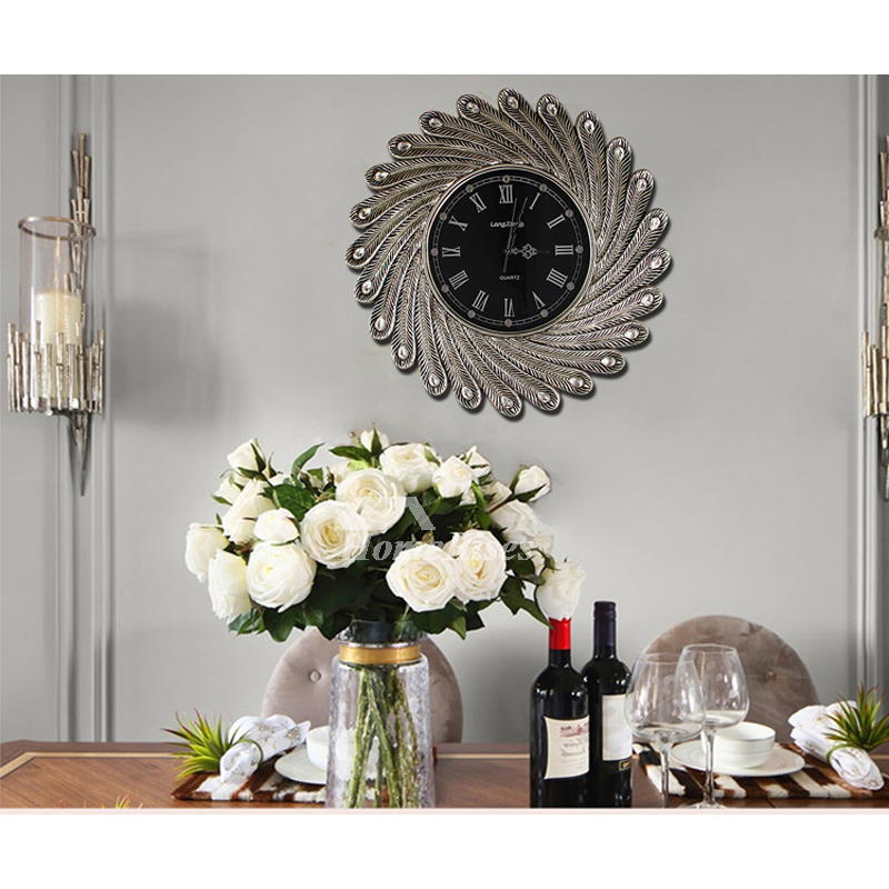 luxury Large Wall Clock Decorative Vintage Gold/White/Silver Peacock