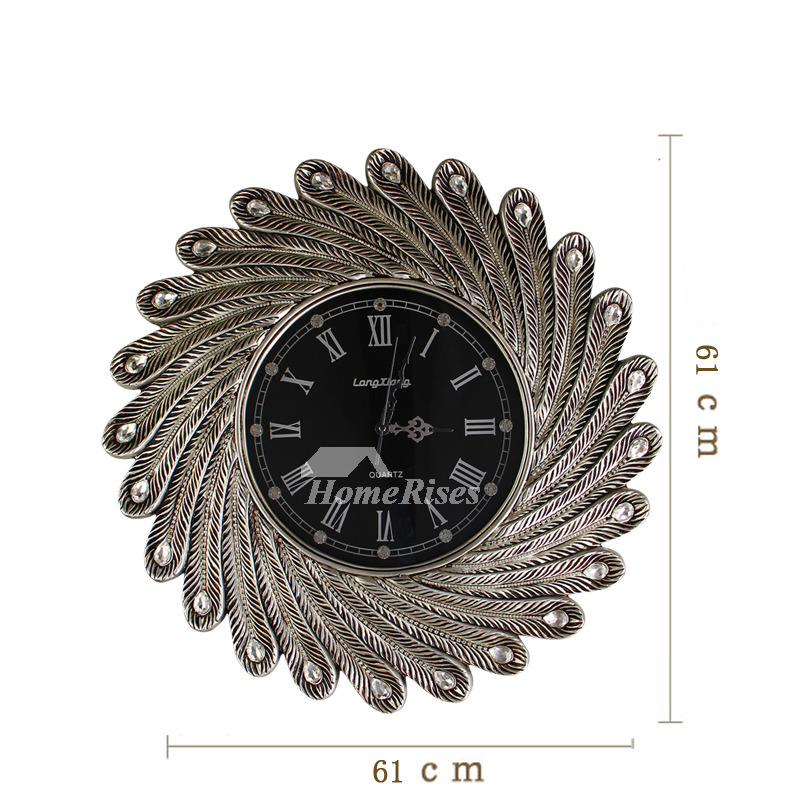 luxury Large Wall Clock Decorative Vintage Gold/White/Silver Peacock