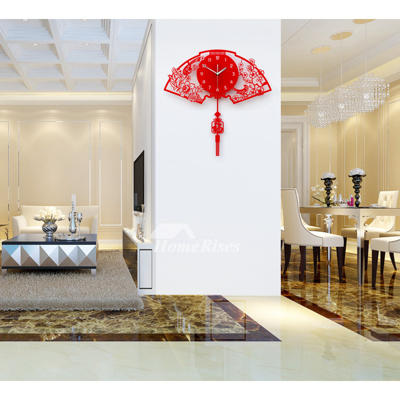 Pendulum Wall Clock Unique Decorative Red Fan Personalized Living Room