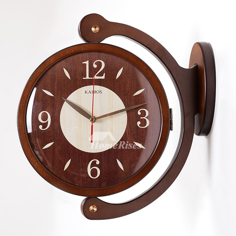 Double Sided Wall Clock Wooden Decorative Living Room Silent Classic