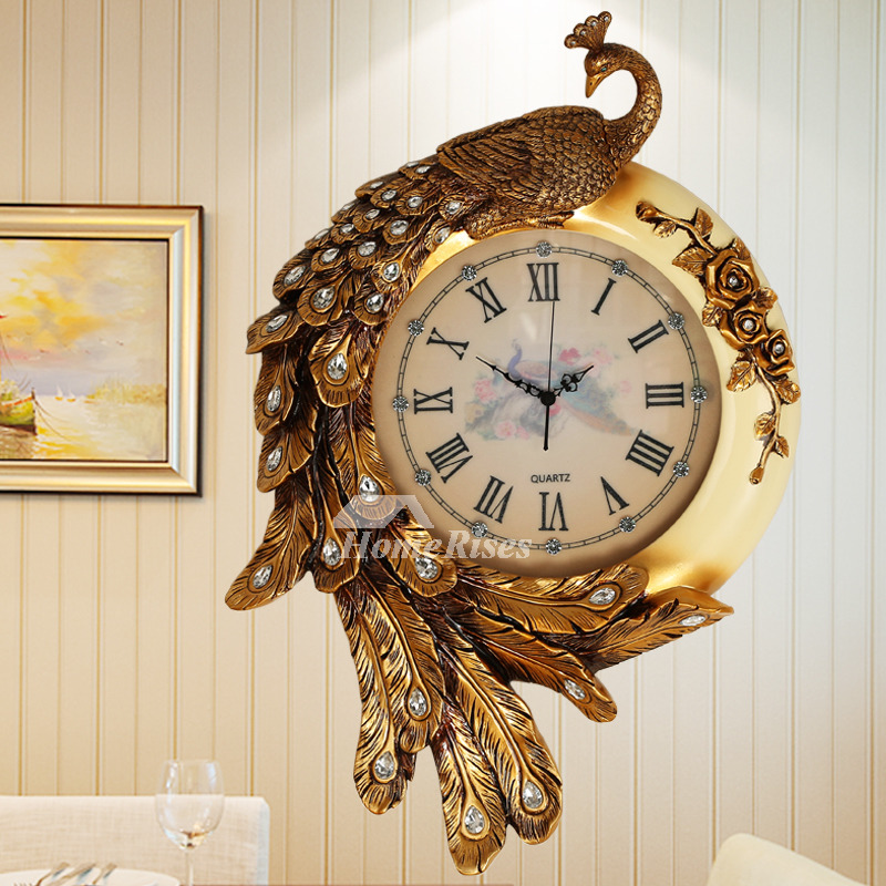Gold Resin Bronze Peacock Restaurant Wall Clock Oversized Decoration
