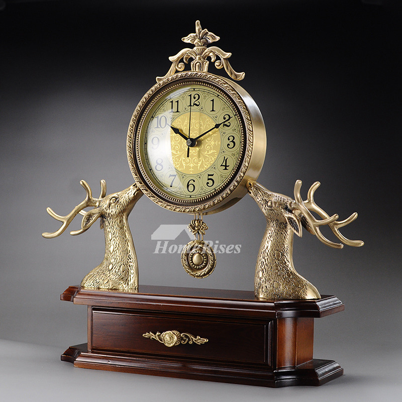 Vintage Double Deer Brass Desk Clock Retro Luxury Pendulum