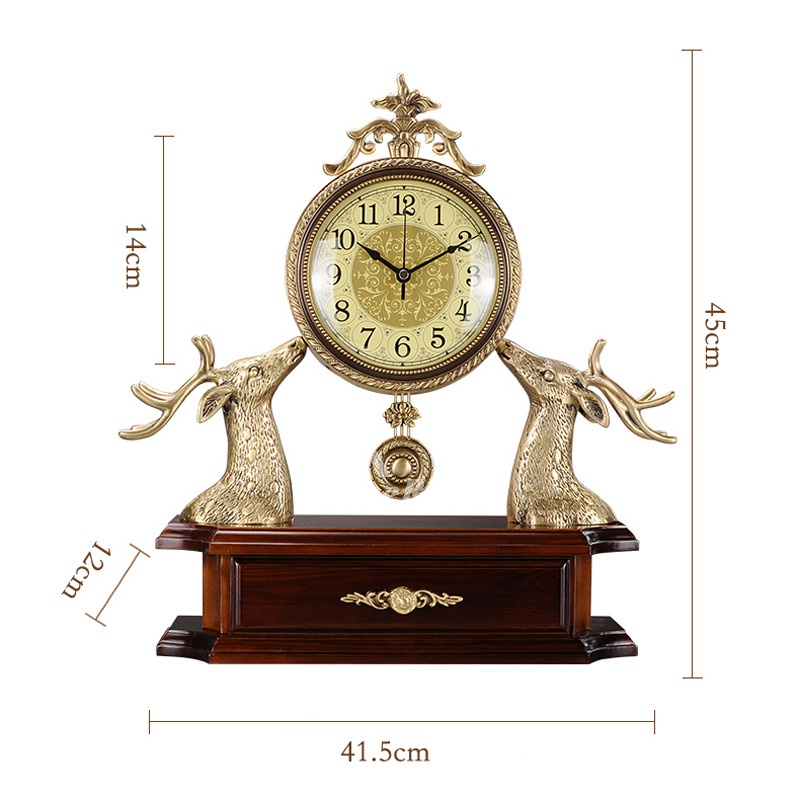 Vintage Double Deer Brass Desk Clock Retro Luxury Pendulum