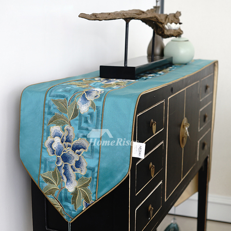 Striped Coffee Table Runner Tablecloth Floral Blue/ Red Decorative Fall