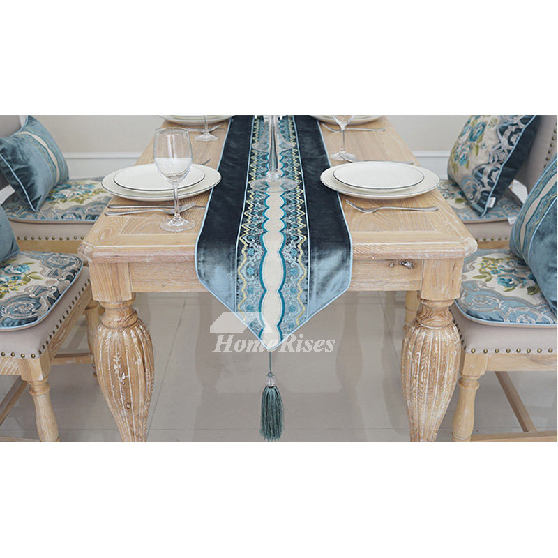 Embroider Flannel Blue Table Runner Elegant Decorative Luxury 72 Inch