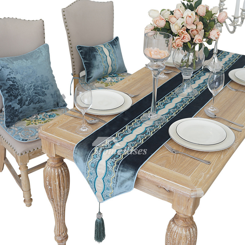 Embroider Flannel Blue Table Runner Elegant Decorative Luxury 72 Inch