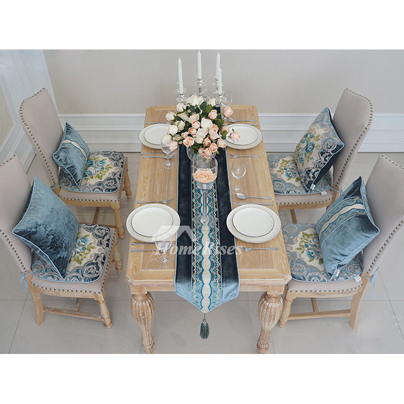 Embroider Flannel Blue Table Runner Elegant Decorative Luxury 72 Inch