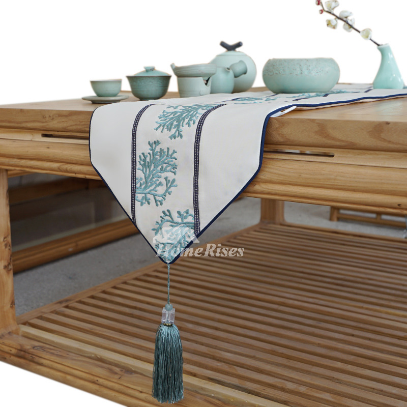 Embroidered Table Runner Unique Blue 72 Inch Holiday Decorative Tassel