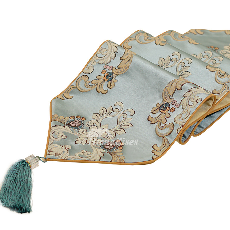 Embroidered Table Runner Dining Kitchen Blue Tassel Floral