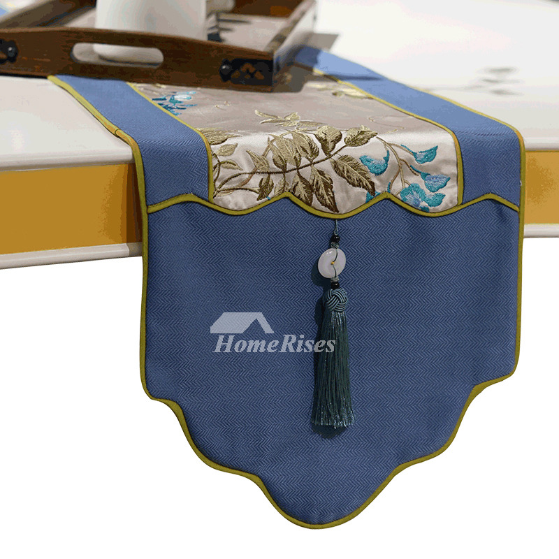 Embroidered Table Runner Elegant Luxury Navy Fabric Dining