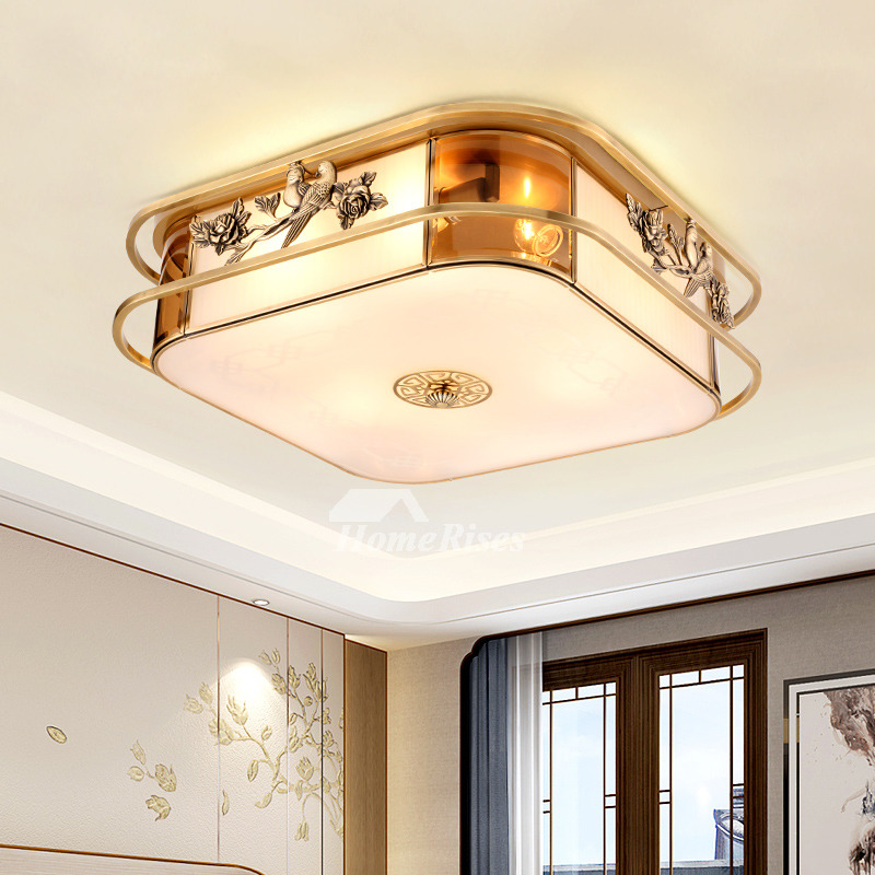 Flush Ceiling Light Flower Bird Carved Brass Gold Square Bedroom Lamp ...